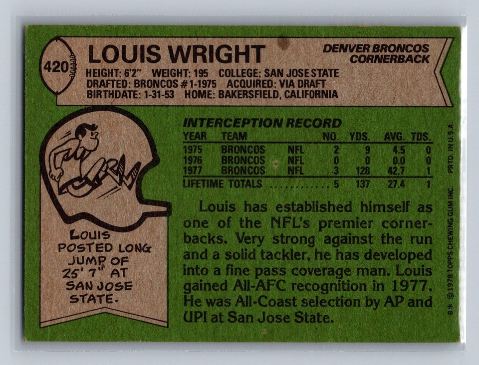 Louis Wright 1978 Topps RC Rookie #420 Denver Broncos | eBay