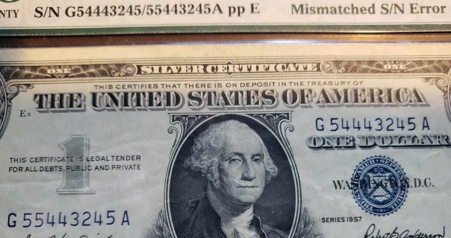 $1 ERROR NOTE -1957 Silver Certificate - MISMATCHED SERIAL NUMBER - PMG ...