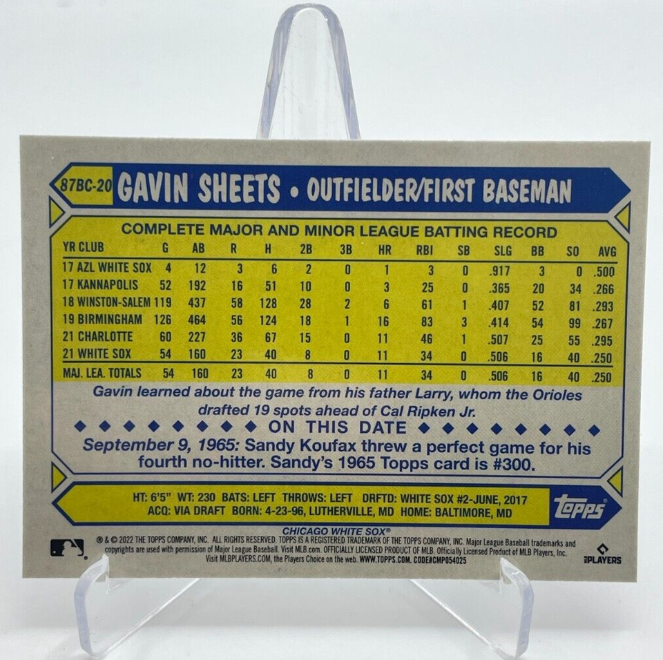 Gavin Sheets 2022 Topps Chrome 1987 Redux 35th Anniversary Wood Rookie ...