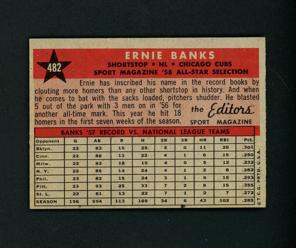 Ernie Banks 1958 Topps All-Star (HOF) Chicago Cubs #482 NM-MT | eBay