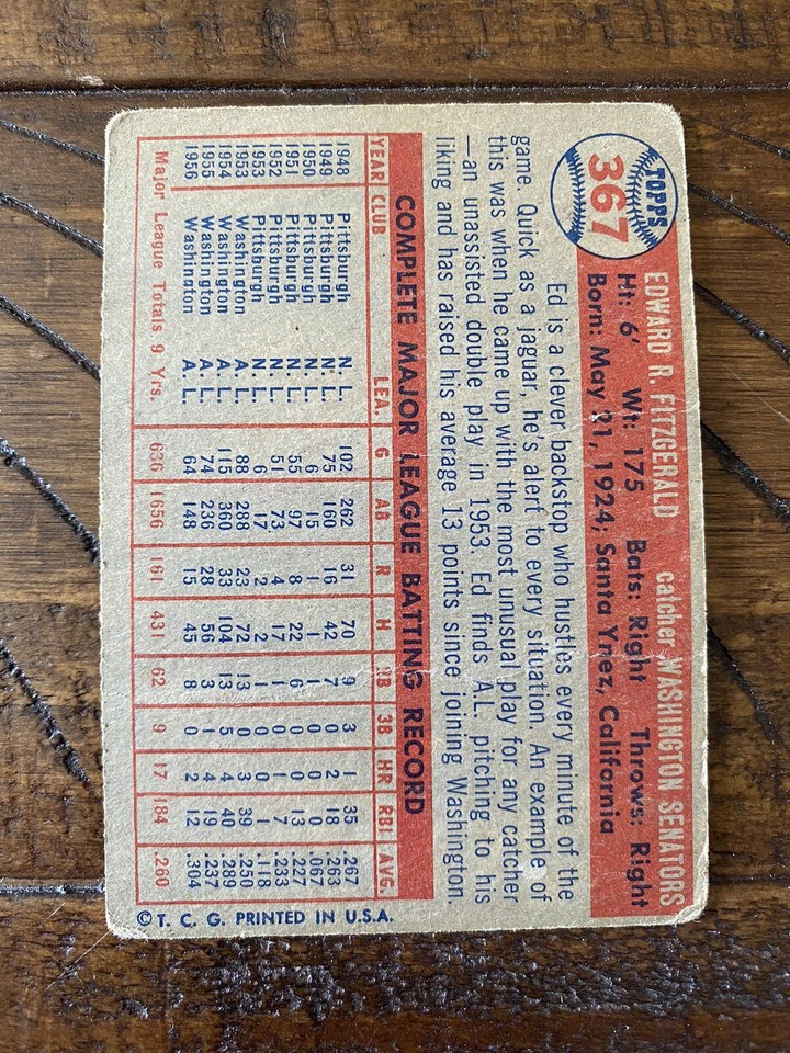 1957 Topps #367 Ed Fitzgerald Senators - vintage - card is as pictured ...