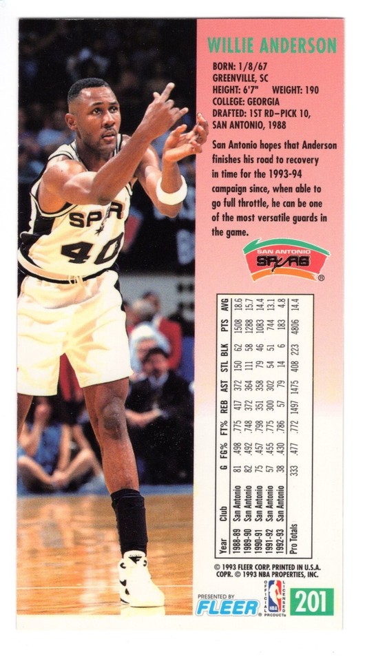 1993-94 NBA JAM SESSION WILLIE ANDERSON CARD #201 **NM-MT** SAN ANTONIO ...