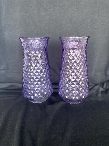 2 Purple Paula DPS Diamond Pineapple Pattern Texture Glass Vase 9” Vtg ...