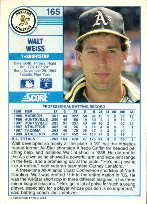 1989 Score Walt Weiss 165 Oakland Athletics | eBay