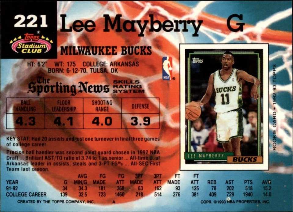 1992-93 Stadium Club Lee Mayberry Rookie Draft Pick Milwaukee Bucks ...