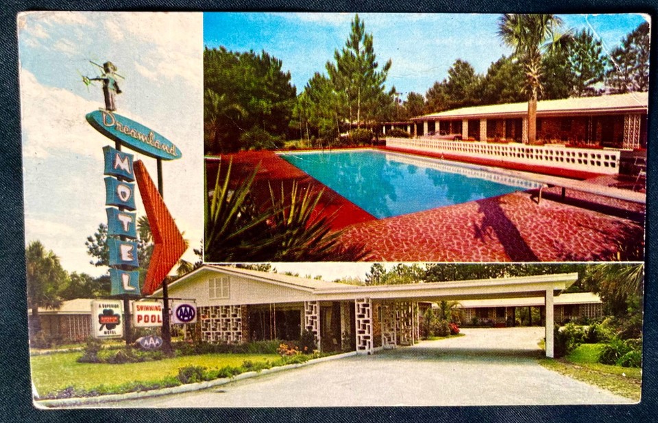 MID CENTURY MODERN GOOGIE Sign POSTCARD Savannah Ga. DREAMLAND MOTEL ...