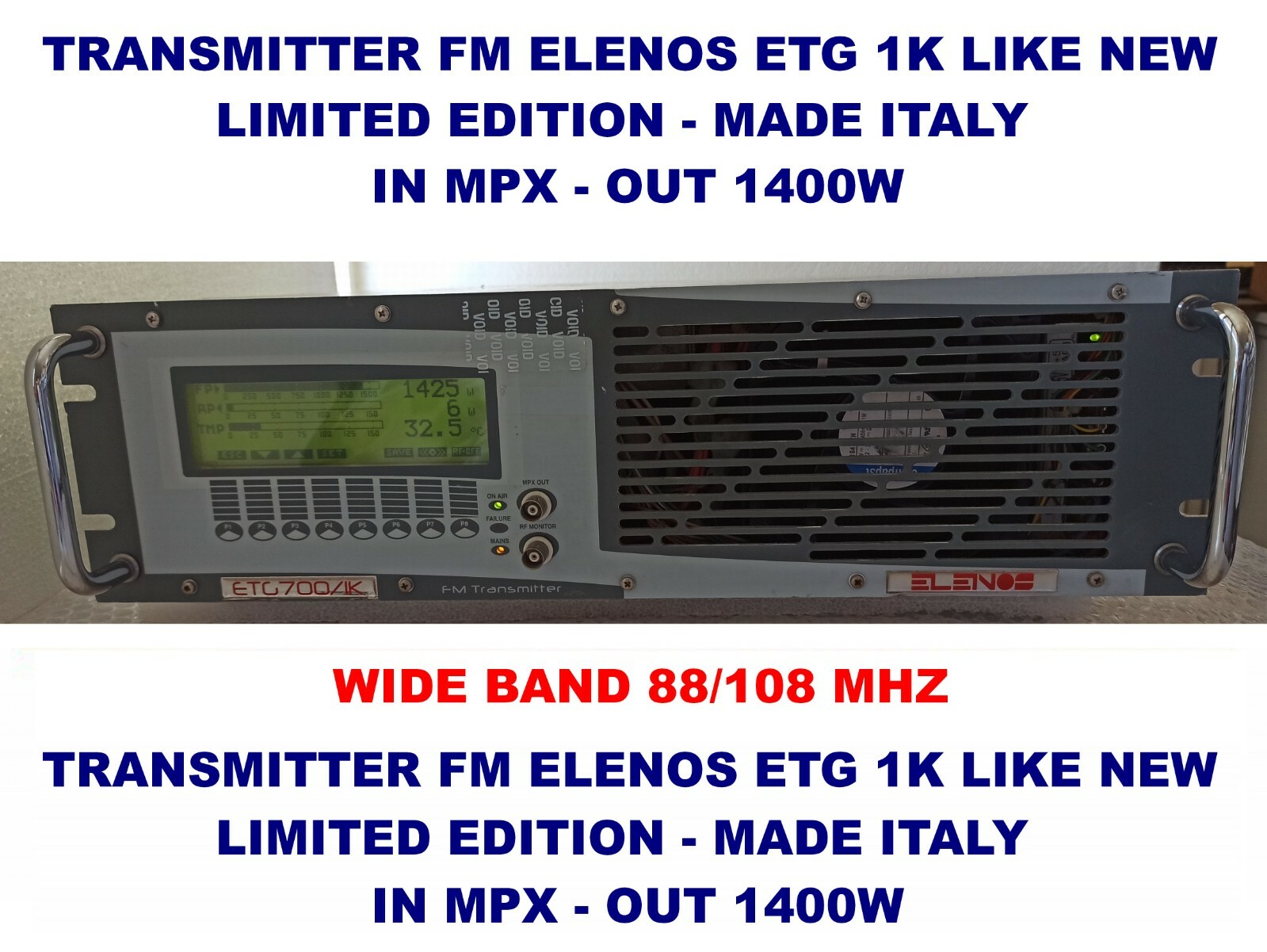 Broadcast Professional Transmitter FM Elenos ETG 1400 watt - 88-108 Mhz ...