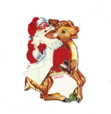 Santa Claus On Rudolph Vintage Flocked Gift Tag Sticker | eBay