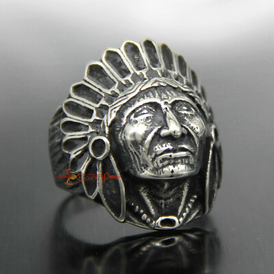 Retro Stainless Steel Indian Chief Apache Head Headdress Biker Rocker ...