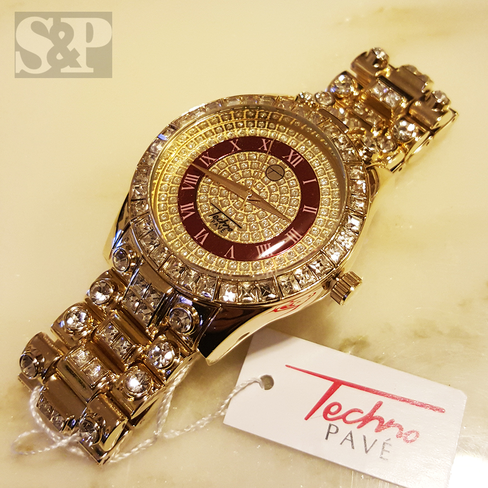 MEN HIP HOP ICED GOLD RICK ROSS WATCH & RUBY NECKLACE & EARRINGS COMBO ...