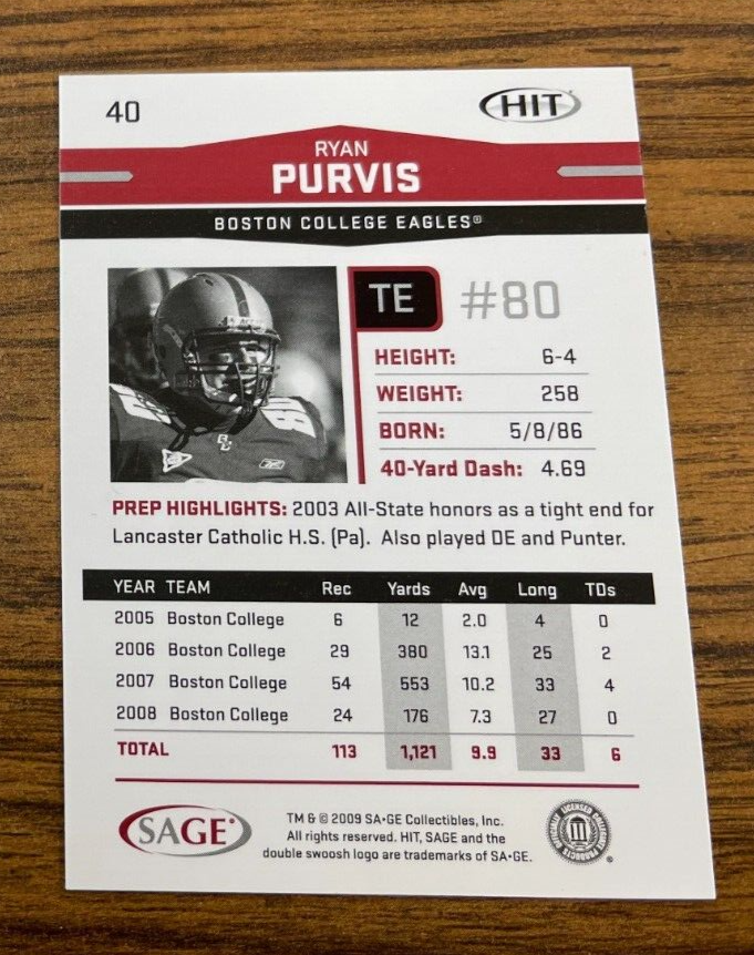 2009 Sage Card # 40 Ryan Purvis - Boston College Eagles | eBay