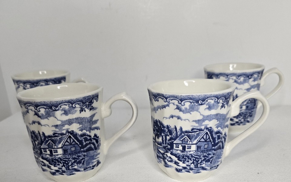 Set of 4 Churchill China "The Brook Blue" Mug Pattern Tea/Coffee Mugs ...