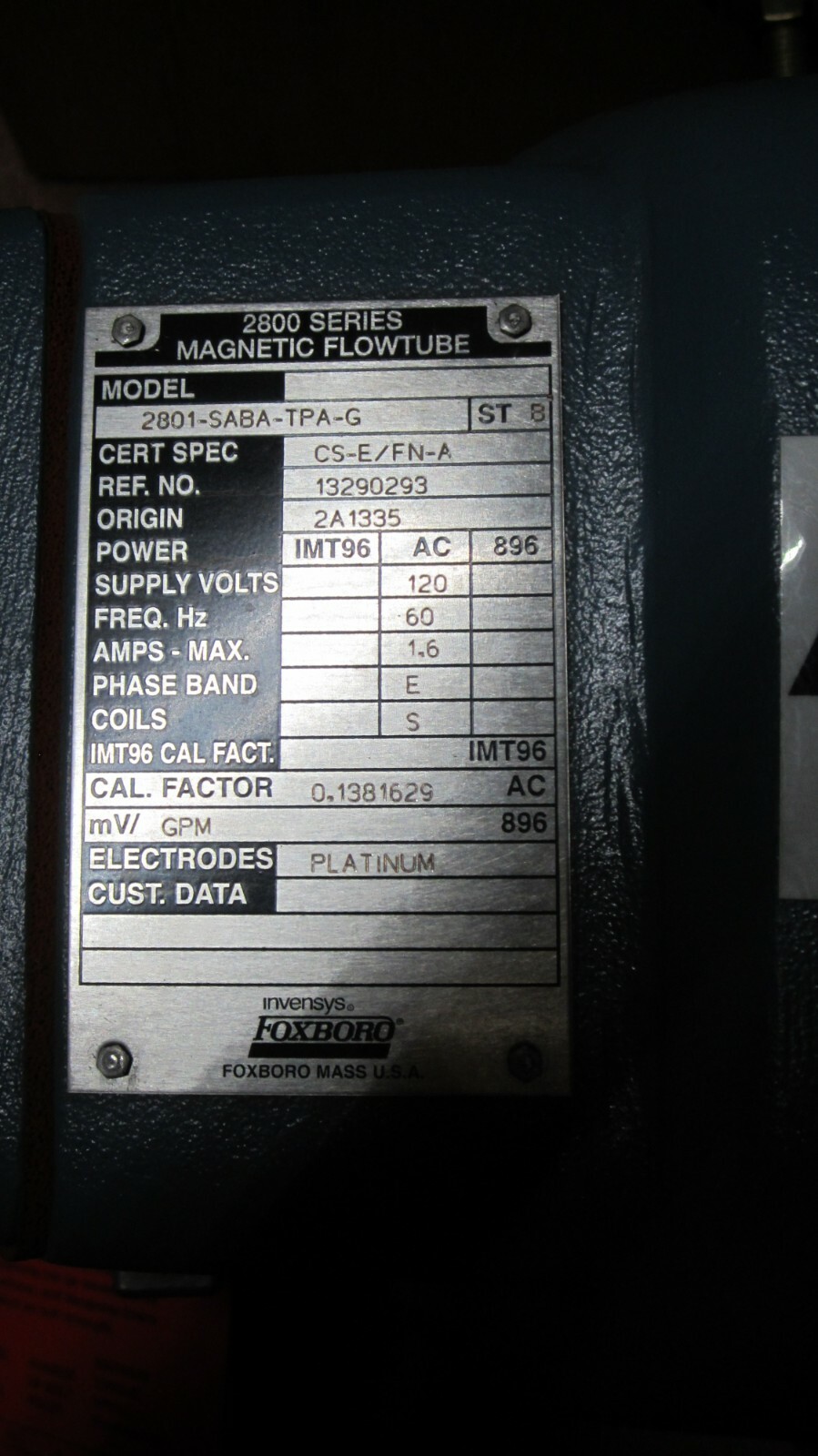 Foxboro 2801-SABA-TPA-G M/2800 Series Magnetic Flow Meter 1in 120v-ac ...