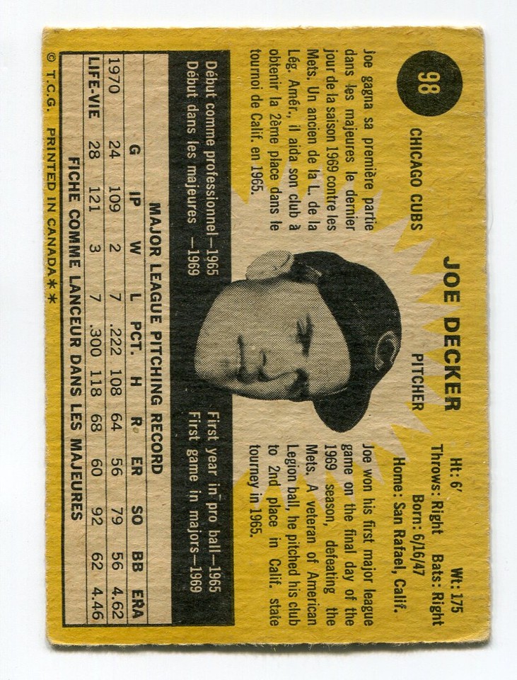 1971 71 O-Pee-Chee OPC 98 Joe Decker RC Rookie Vintage Chicago Cubs ...