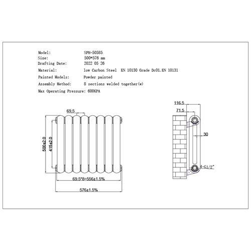 UK Radiators 500mm High x 576mm Wide 2 Column White Traditional Heater ...