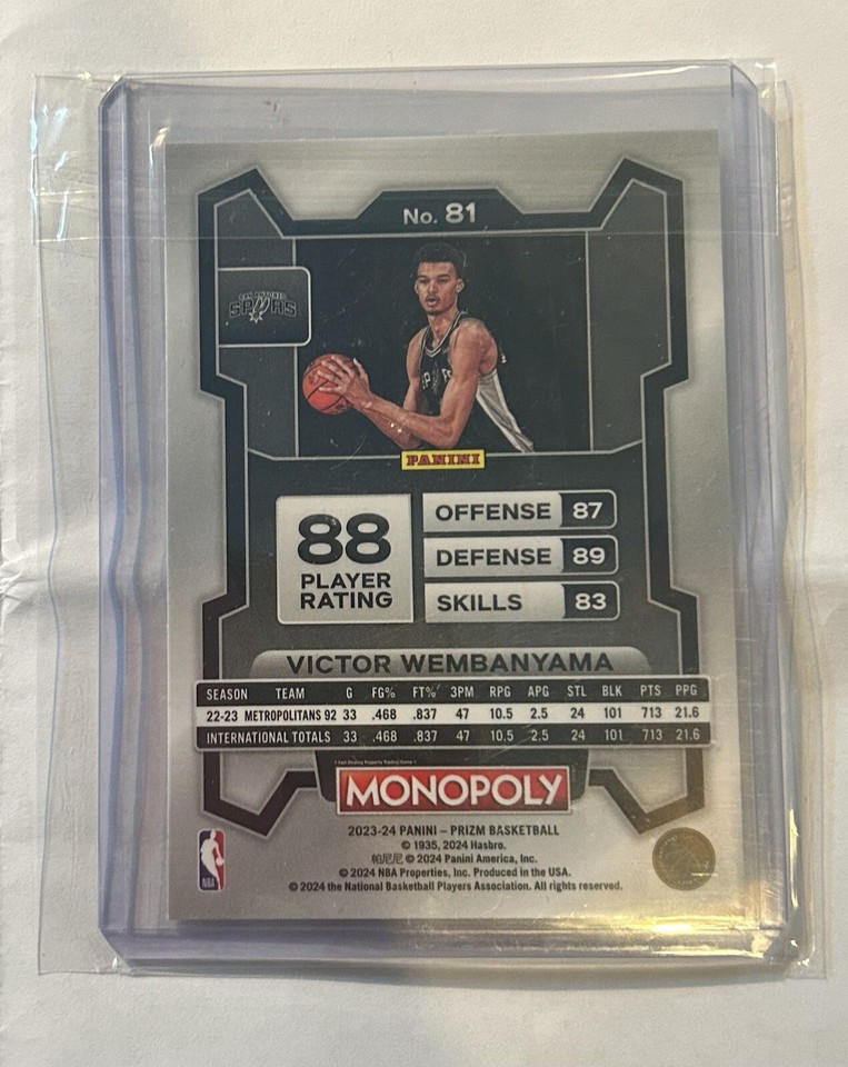 2023-24 Prizm MONOPOLY Victor Wembanyama Rookie RC Base Card WEMBY ...