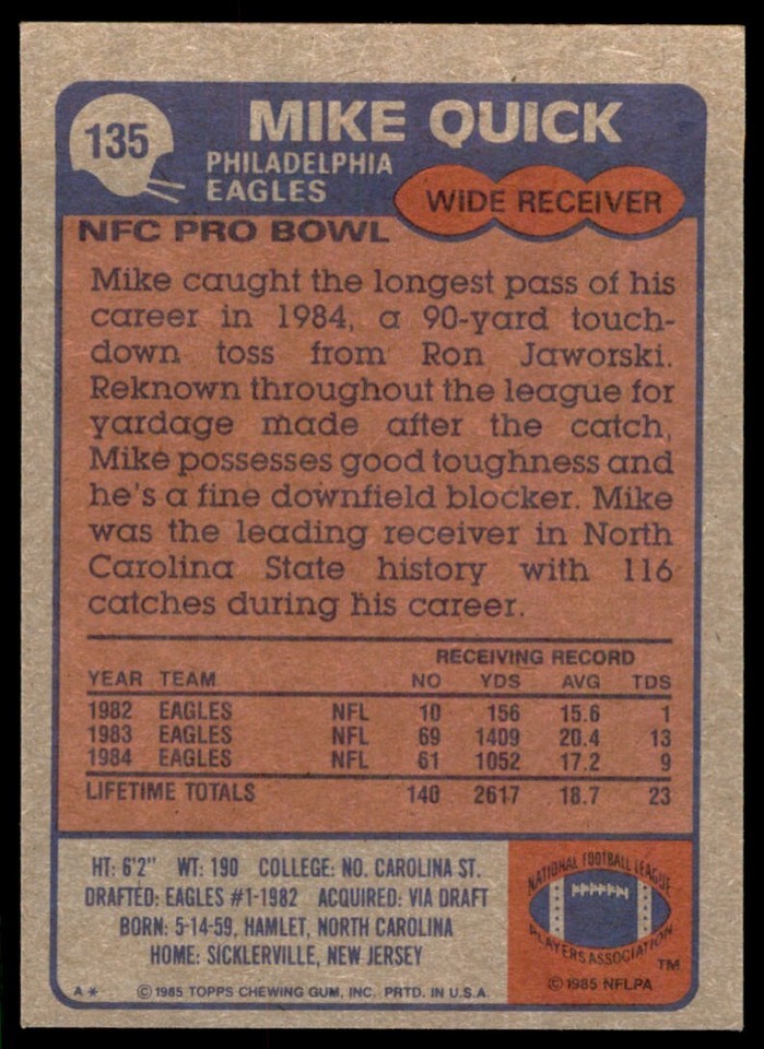 1985 Topps Mike Quick Philadelphia Eagles #135 | eBay