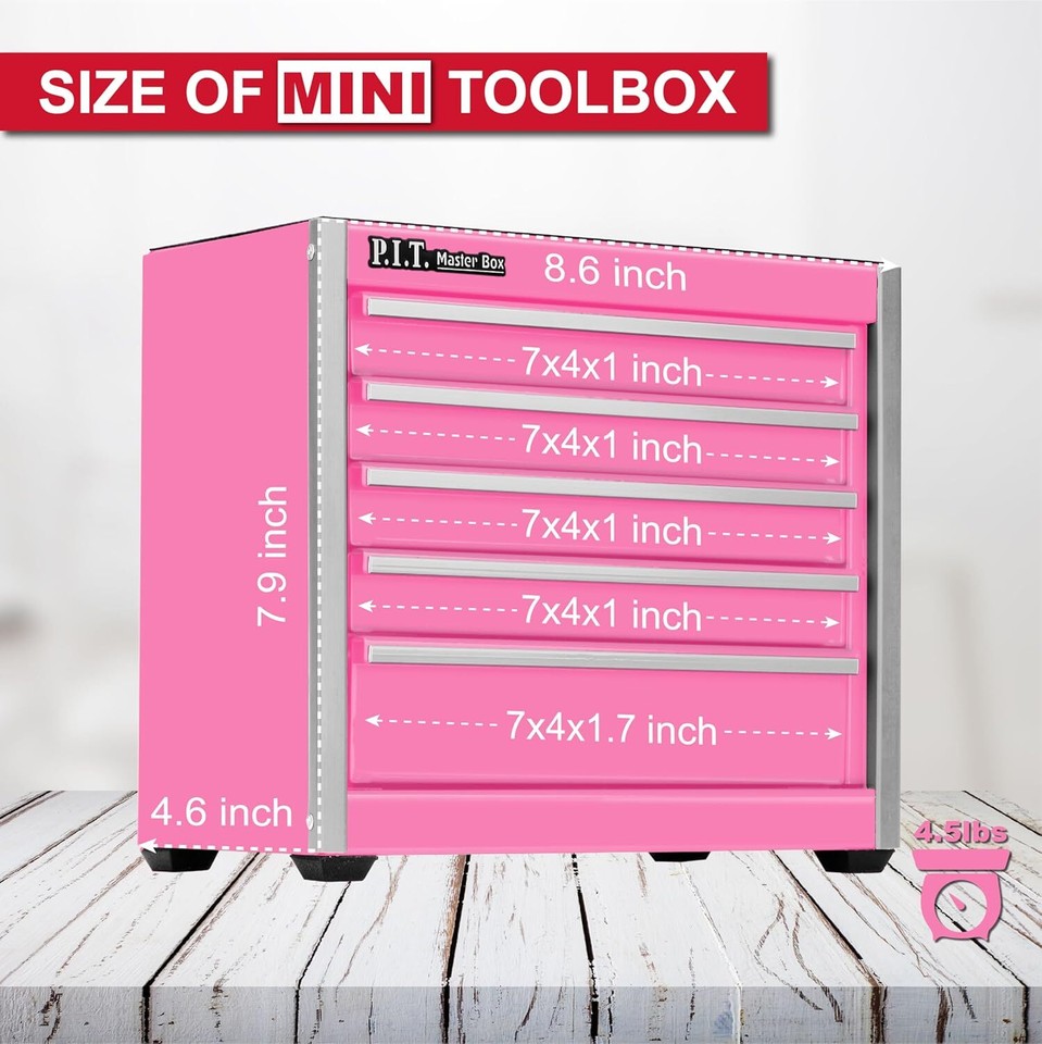 P.I.T. Mini Pink Tool Box, Portable 5-Drawer Micro Roll Steel Stackable ...