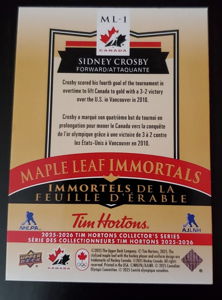 2025/2026 Tim Hortons TEAM CANADA "MAPLE LEAF IMMORTALS" ML-1 SIDNEY ...