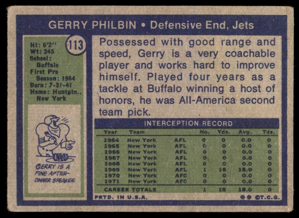 1972 TOPPS GERRY PHILBIN NEW YORK JETS #113 VG+ | eBay