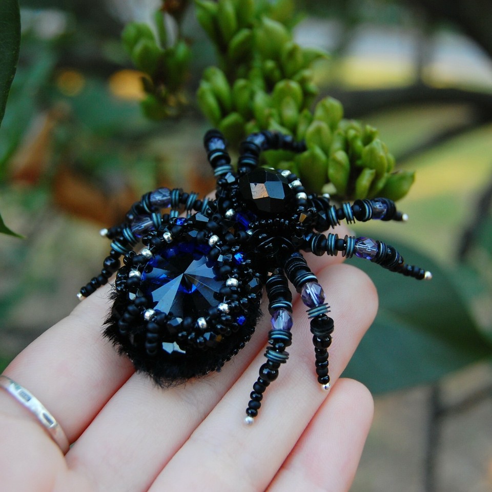 Black Blue Crystal spider brooch Gothic jewelry Embroidered pin gift | eBay