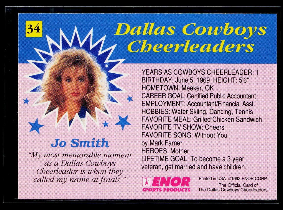 Jo Smith 1992 Enor Dallas Cowboys Cheerleaders #34 Dallas Cowboys RC Rookie | eBay