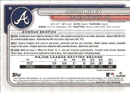 2024 BOWMAN BASE PAPER ATLANTA BRAVES - AUSTIN RILEY #58 | eBay