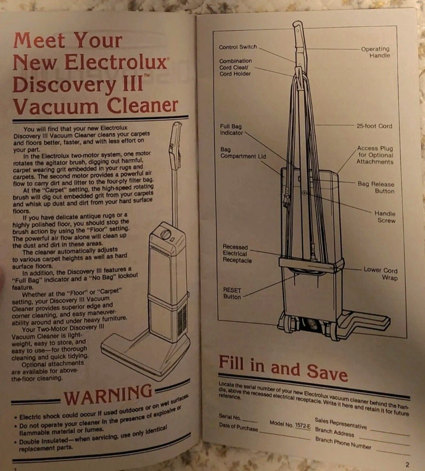 Vintage Electrolux Discovery III Owners Manual Users Guide MANUAL ONLY ...