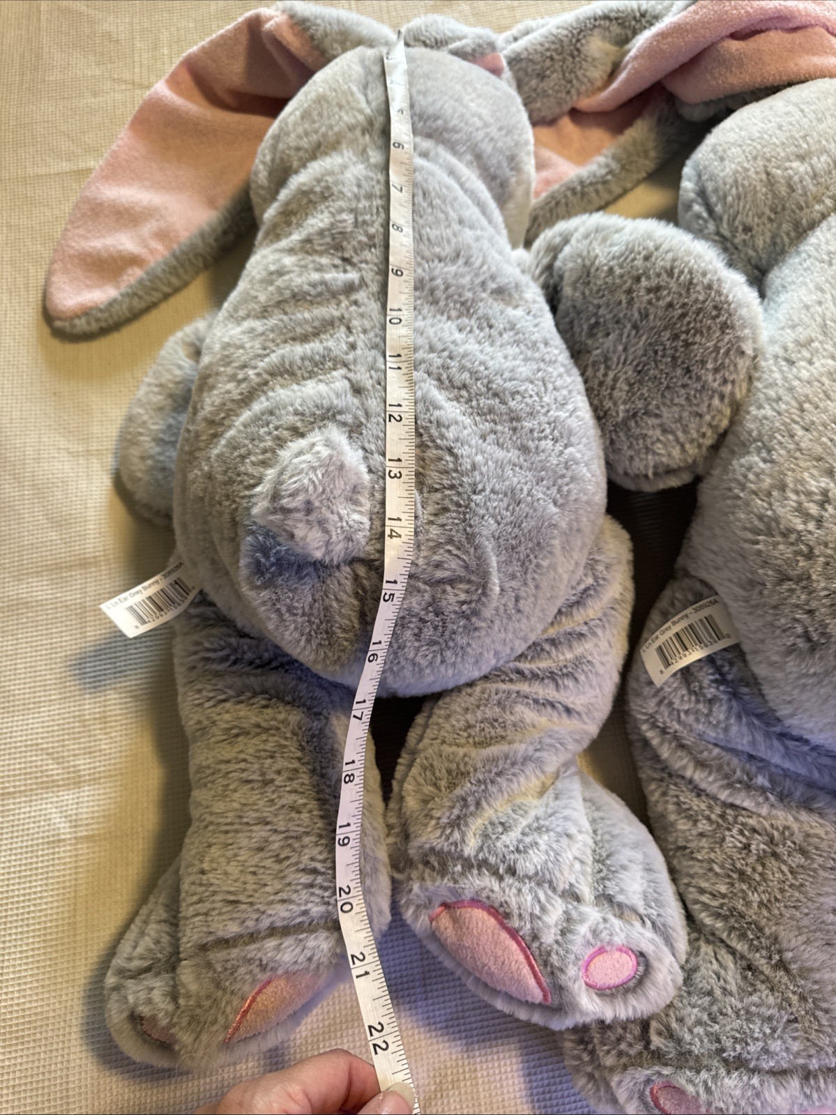 Set of 2 Large Grey Bunny Plush Stuffies 18” Long Ears Pink Bow Soft ...