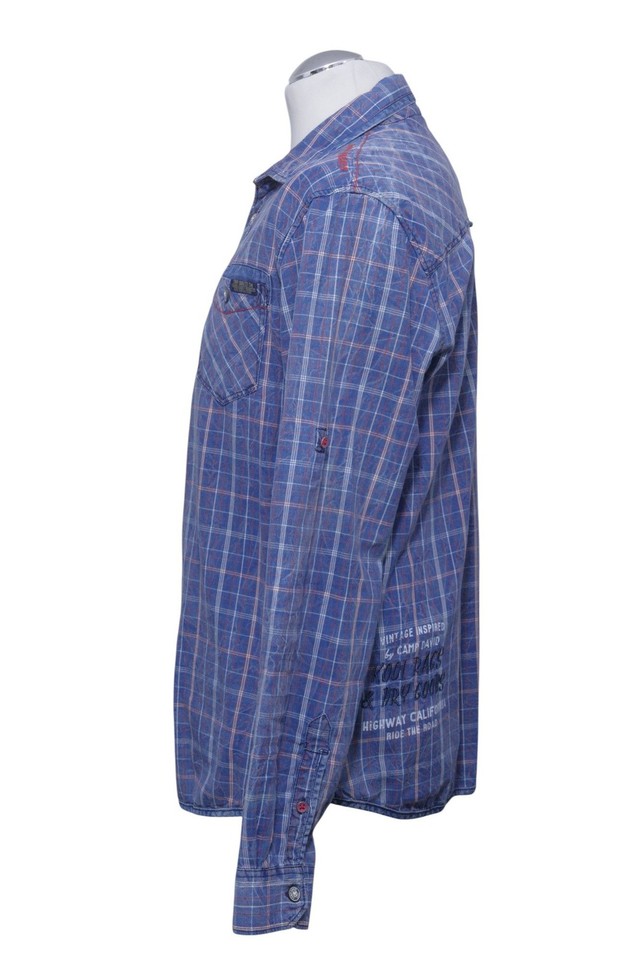 Camp David Men's Shirt S BLUE Red Checkered Long Sleeve 100% Cotton Äl ...