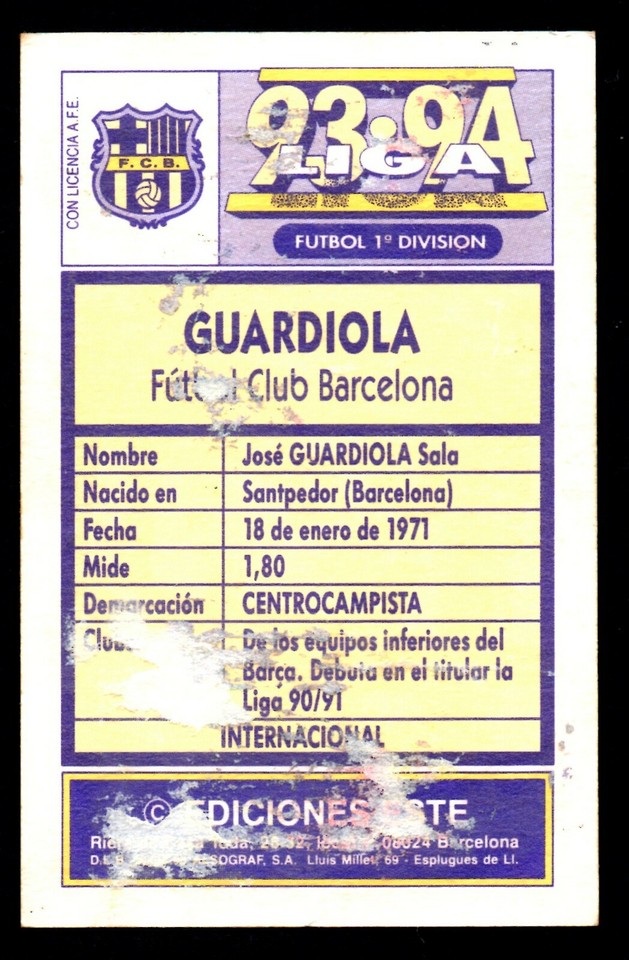 GUARDIOLA FC BARCELONA LIGA 1993-94 CARD ESTE PANINI (RECOVERED FROM ...