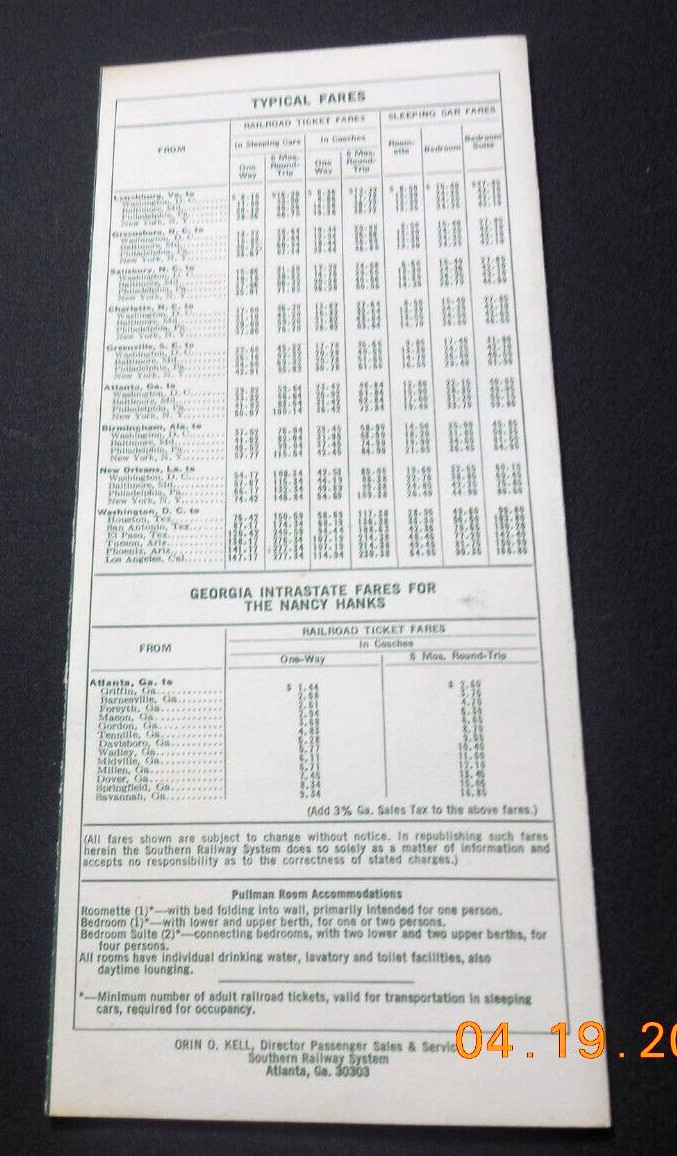 Southern Railway System Timetable 20 November 1970 New York Atlanta ...