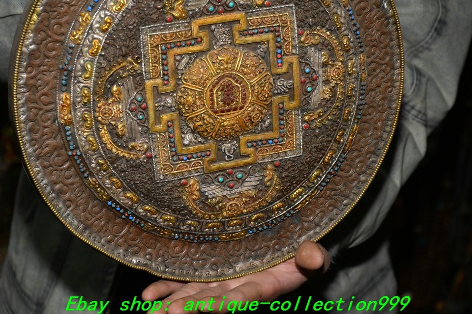 11.8" Tibet Bronze Gold Silver Inlay Gem 8 Auspicious Symbol Tangka ...