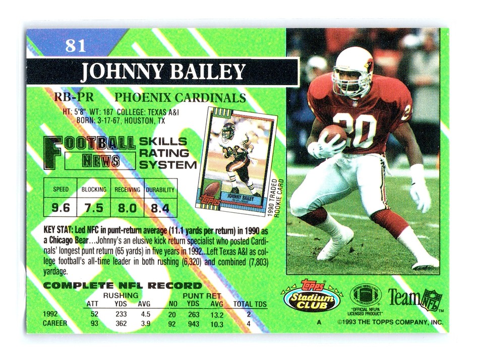 1993 Stadium Club Football #81 Johnny Bailey Arizona Cardinals | eBay