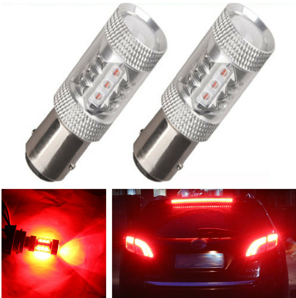 Pair of Pure Red 1157 80W High Power 3030 LED Light Bulbs BAY15D 1154 ...