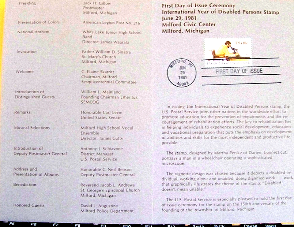 YEAR OF DISABLED PERSONS STAMP 1st DAY ISSUE CEREMONY PROGRAM JUNE 29 ...