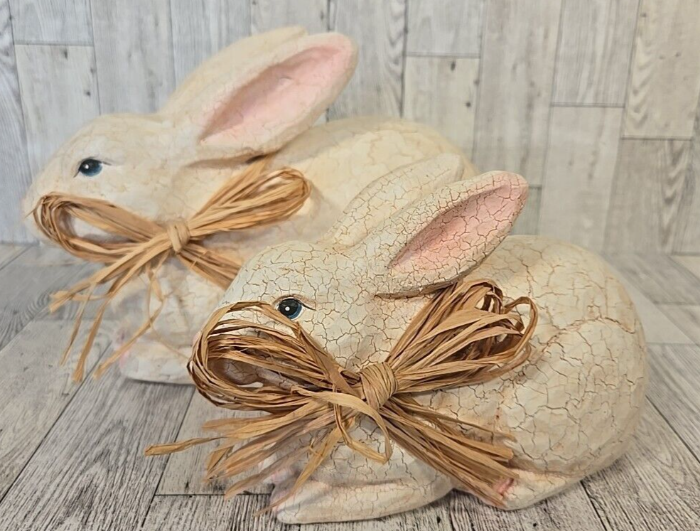 White Bunny Rabbit Figures with Raffia Bow Crackle Finish Momma and ...