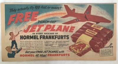 1956 Sunday comic ad page for Hormel Franks - Punch-out Jet Plane model ...