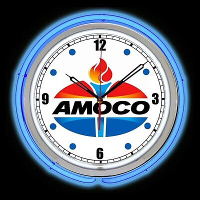 15" AMOCO Gas Oil Sign Blue Double Neon Clock Garage Man Cave | eBay