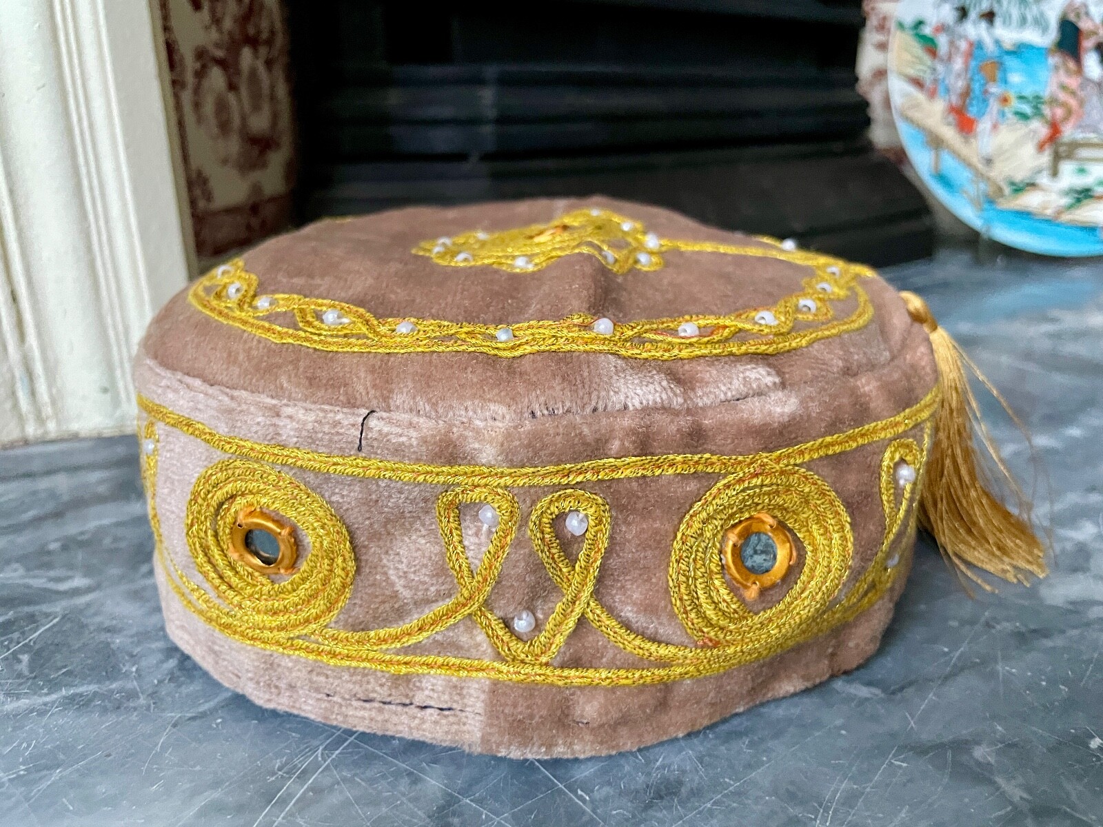 Authentic Turkish Velvet Fez - Cream Colour Ethnic Hat with Gold Trim ...