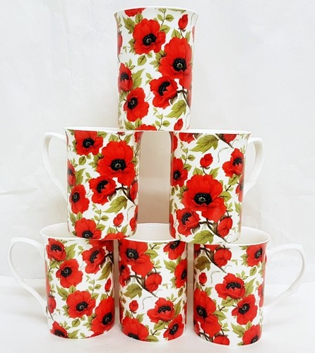 Red Poppy Mugs Set of 6 Fine Bone China Poppies Mugs Hand Decorated in ...