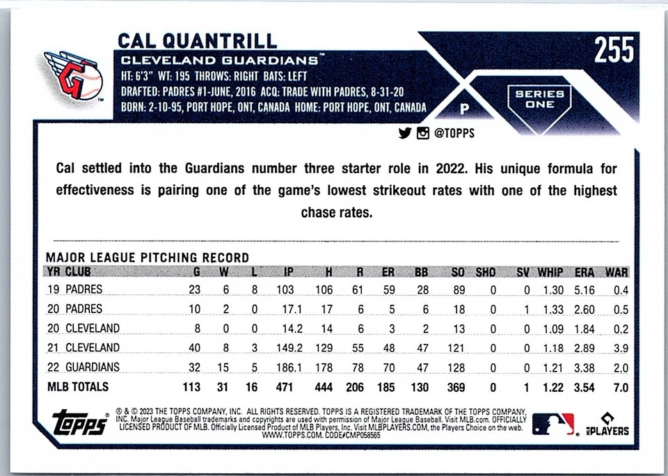 Cal Quantrill 2023 Topps Baseball card Series One Base #255 Cleveland ...