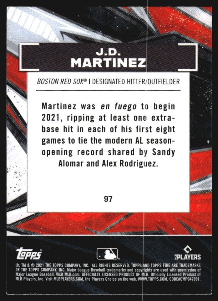 2021 Topps Fire Flame Boston Red Sox Baseball Card #97 J.D. Martinez | eBay