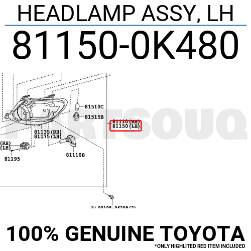 811500K480 Genuine Toyota HEADLAMP ASSY, LH 81150-0K480 | eBay