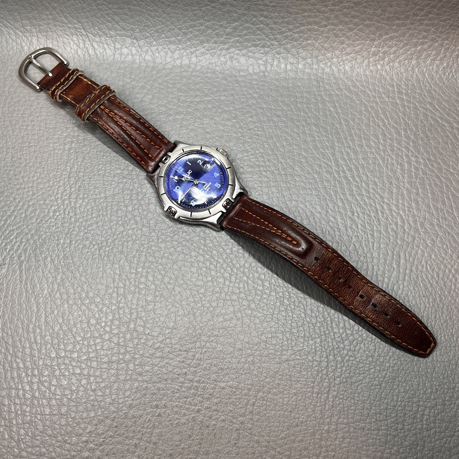 Vintage Relic Watch Men Silver Tone Blue Dial Brown Leather Date ZR ...