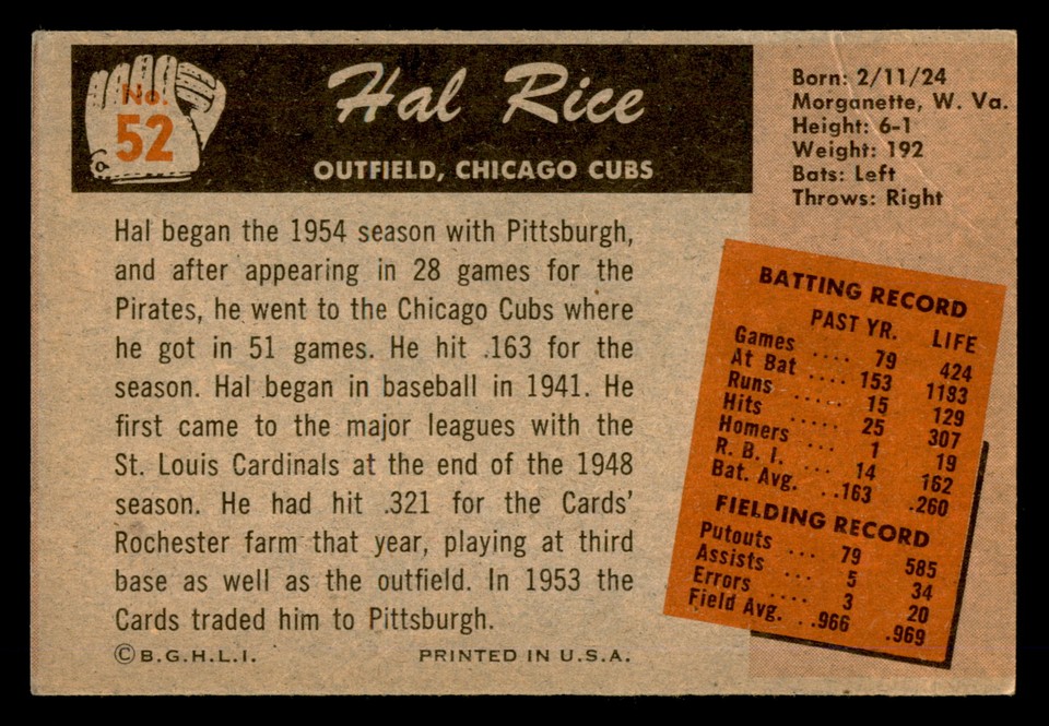 1955 Bowman #52 Hal Rice | eBay