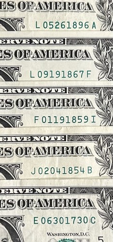 Lot Of 5 $1 DOLLAR BILL FANCY HISTORICAL DATE Birthday SERIAL NUMBERS ...