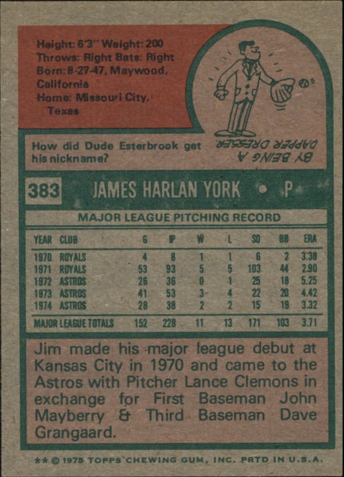 1975 Topps Baseball Card #383 Jim York - NM | eBay