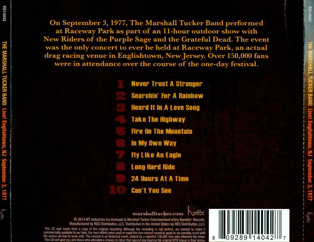 Live Englishtown NJ Sept. 3, 1977 by Marshall Tucker Band (CD, 2014 ...