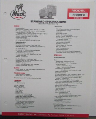 1987 Mack Trucks Model R 600FC Standard Specifications Sheet Original ...